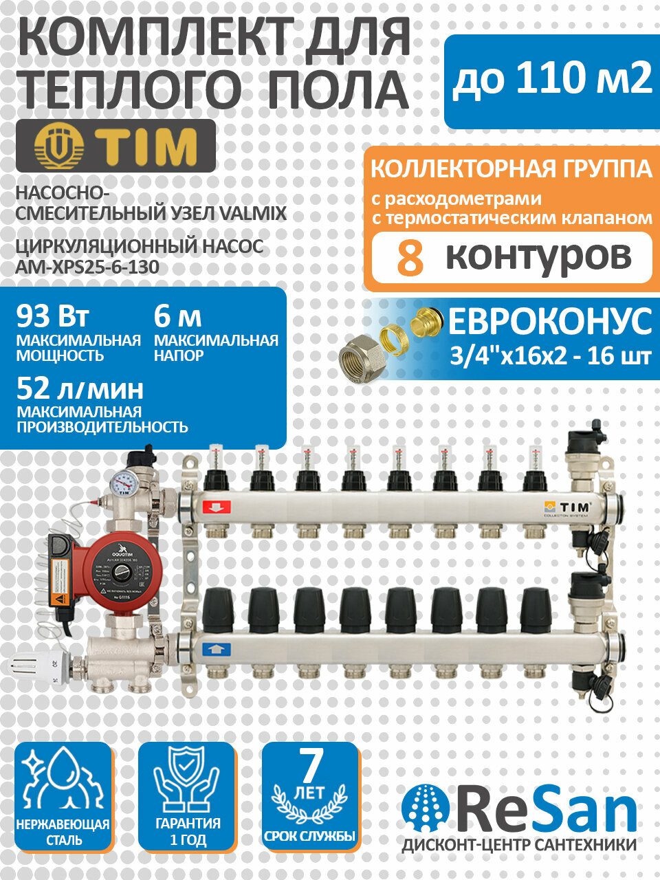 Комплект TIM для теплого пола на 8 выходов до 110 м2 Коллектор нерж KCS5008 нсу JH-1036 циркуляционный насос AM-XPS25-6-130 евроконус 3/4 16х2 16 шт