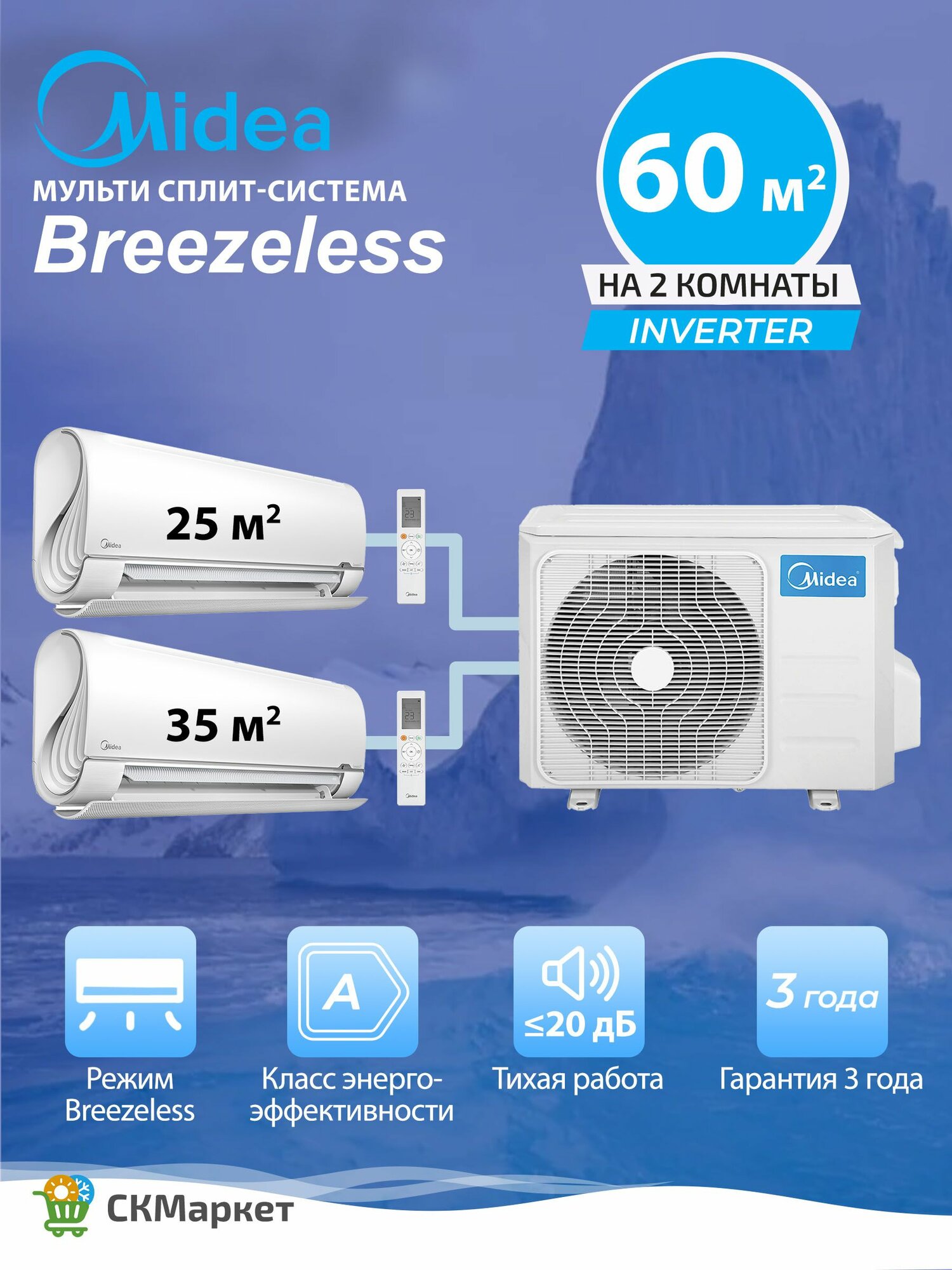 Мульти сплит система кондиционер на 2 комнаты (25+35) кв. м. Midea MSFA2-09N8D6-I+MSFA2-12N8D6-I/M3OG-21HFN8-Q1, кондиционер инверторный