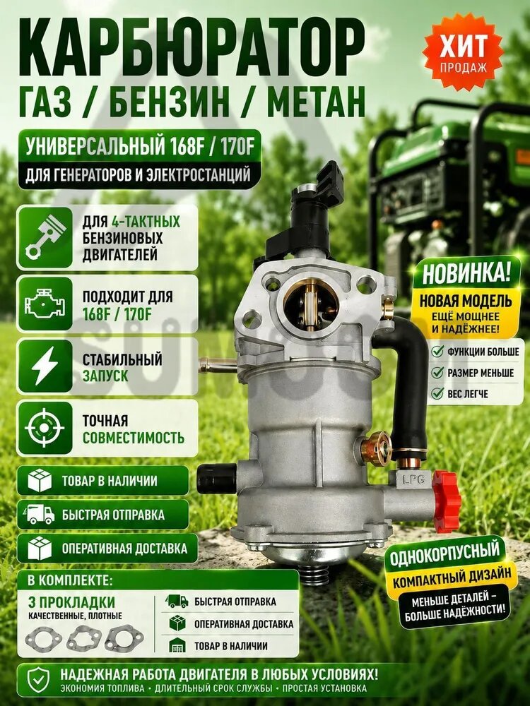 Новинка Похожие Карбюратор газ-бензин для генератора, электростанций. 3 кВт ( двигатель 6.5-7 лс 168F/170F)