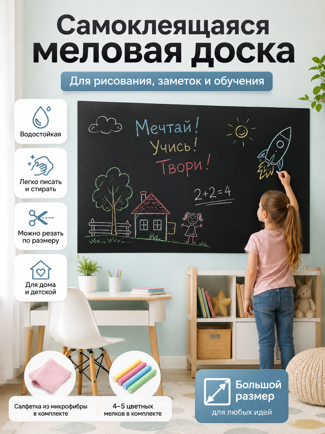 Доска-панель для мела школьная, офисная на стену самоклеящаяся в рулоне, Черная, 60х120 см, 5 мелков и салфетка,