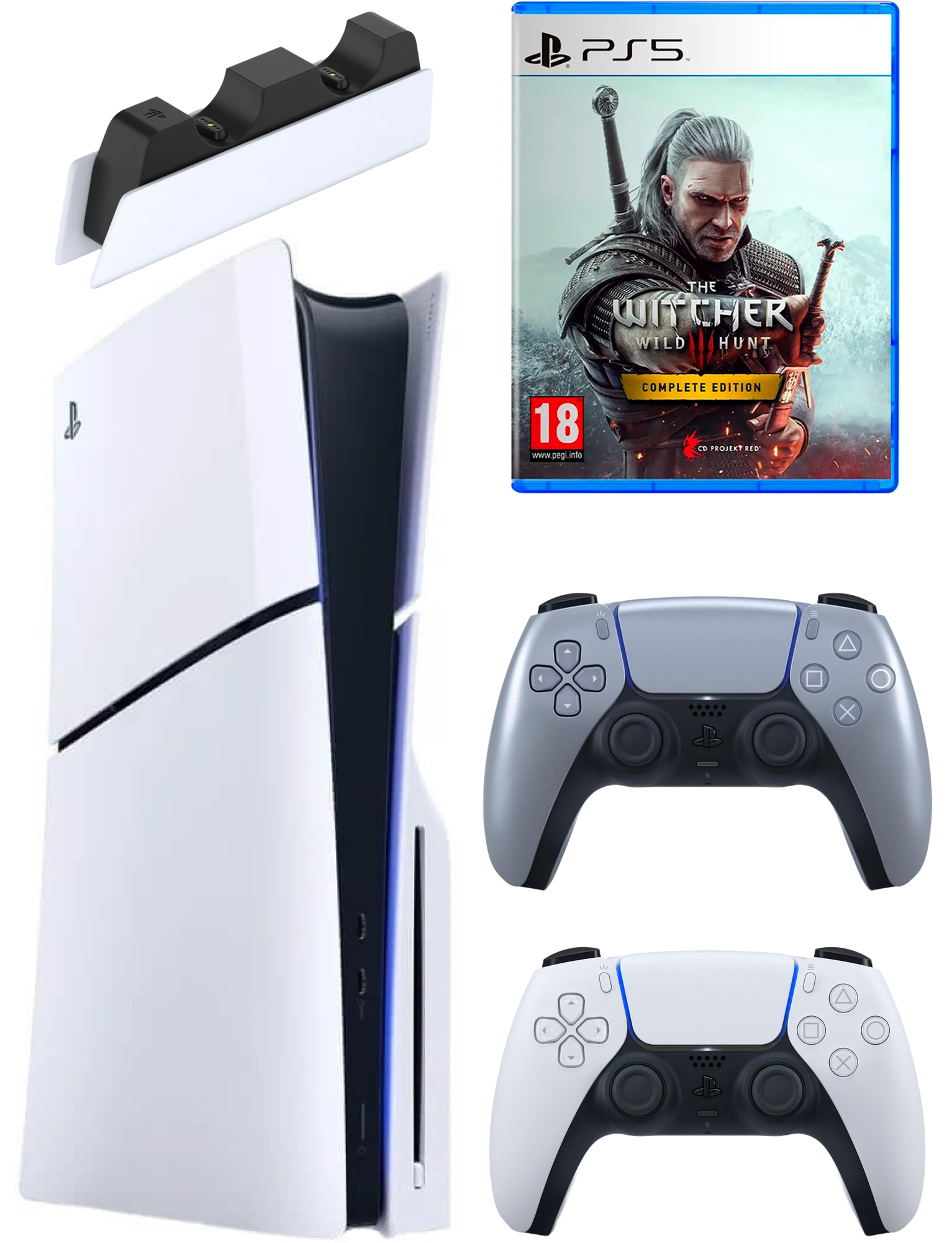 Игровая приставка Sony PS 5 Slim,1ТБ(с дисководом) +2-ой геймпад+Зарядная станция+The Witcher 3 : Wild Hunt