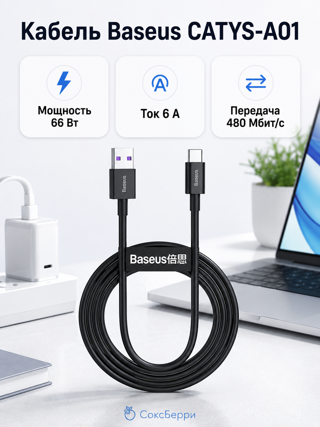 Baseus Superior Series кабель USB-A — Type-C CATYS-A01 66W 2 м, быстрая зарядка, передача данных