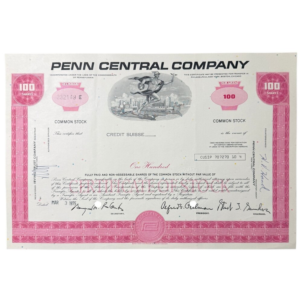 США, Penn Central Company, сертификат на 100 акций 1975 г. (Серия E)