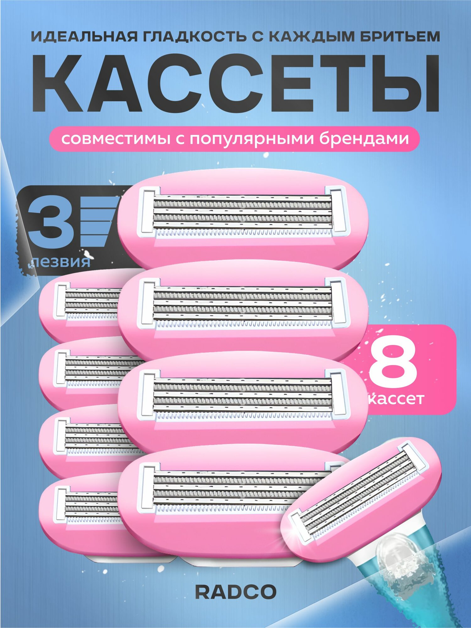 Cменные кассеты Radco для женской бритвы с увлажняющими полосками 8 шт, 3 лезвия.