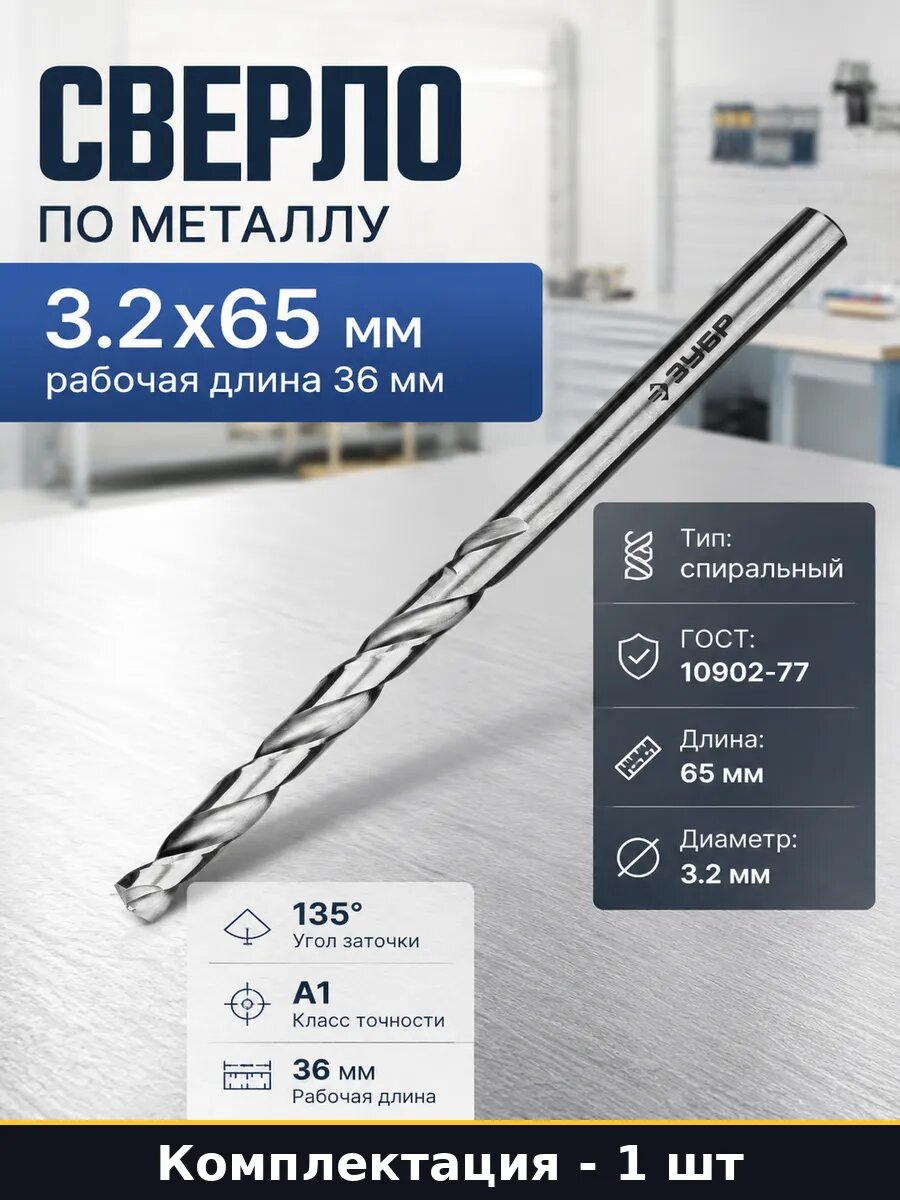 Сверло по металлу 3.2х65 мм рабочая длина 36 мм 1 шт