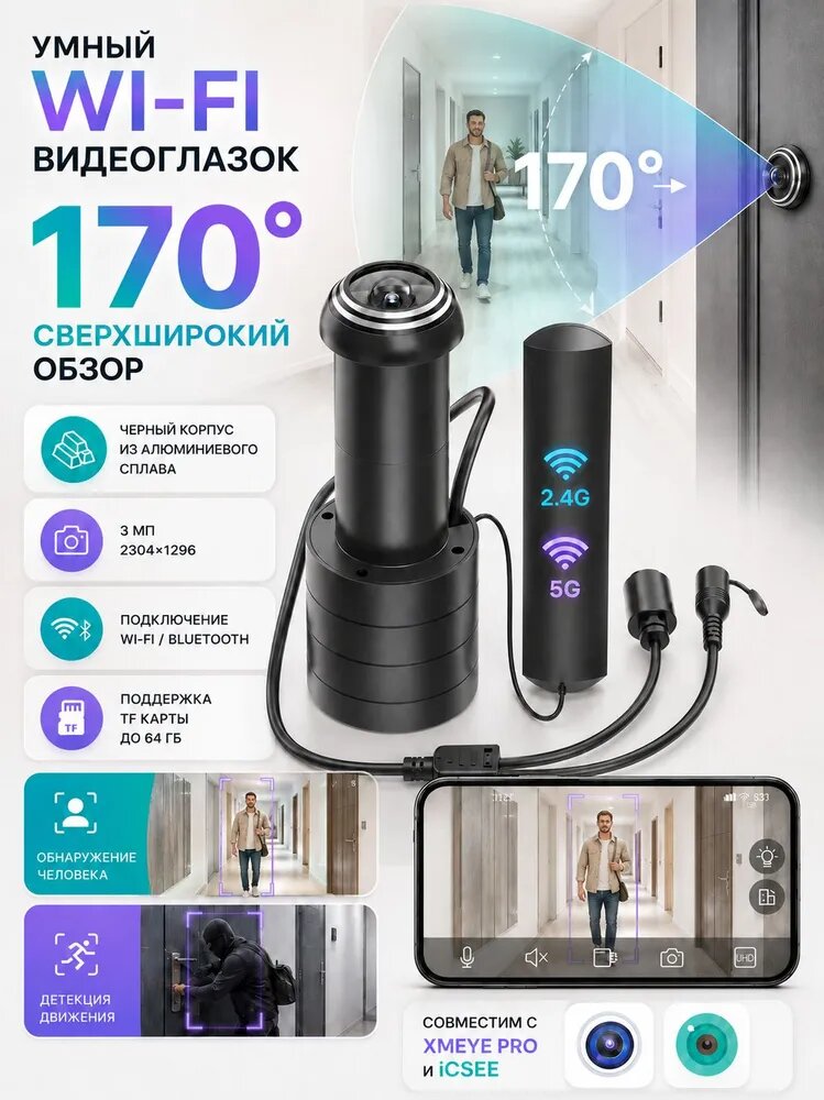 Видеоглазок для входной двери с записью и датчиком движения USAFEQLO MY-12V, Видеоглазок wifi,3MP icsee приложение