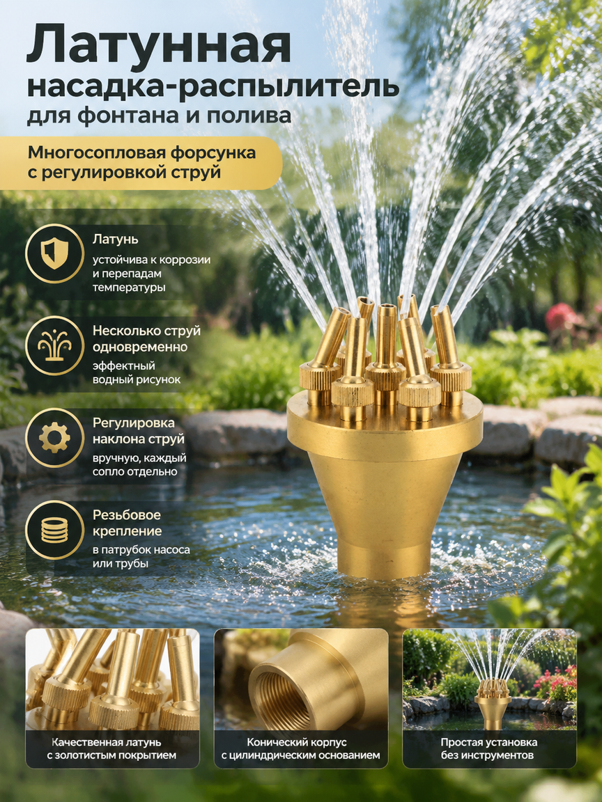 Латунная насадка-распылитель для фонтана и полива, многосопловая форсунка с регулировкой струй