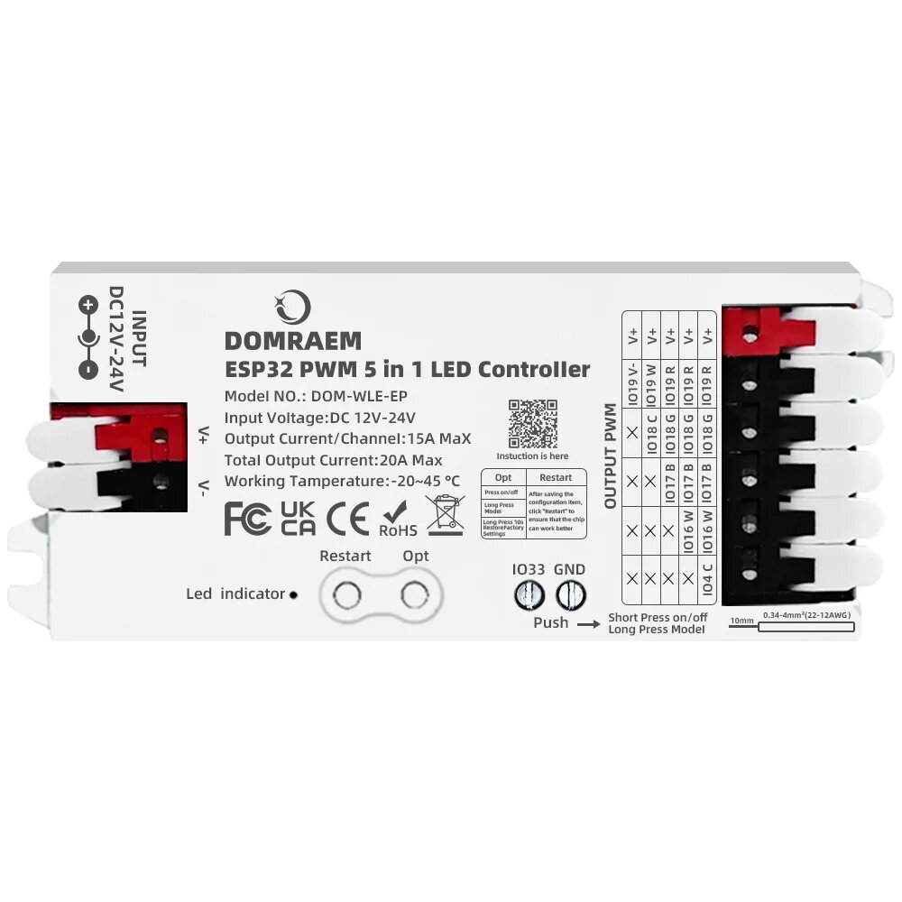 DOMRAEM DOM-WLE-EP/DOM-WLE-RC005 Умный RGB-контроллер для светодиодной ленты ESP32 PWM 5 in 1