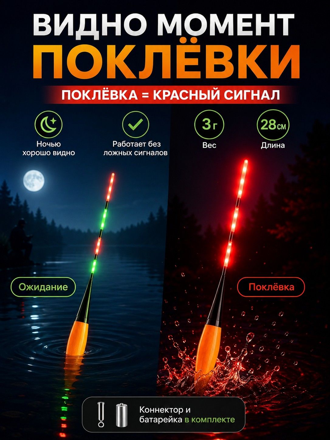 Умный светодиодный поплавок 28см 3г, с индикатором поклевки, светящийся, херабуна, для глухой и скользящей оснастки