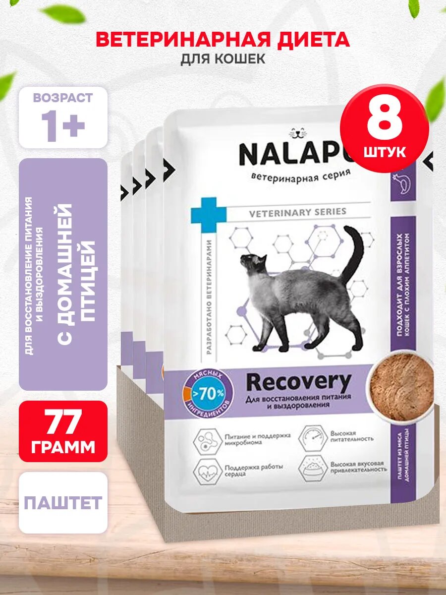 Корм влажный Nalapu Recovery для взрослых кошек, паштет, для восстановления питания и выздоровления, домашняя птица, 77 г 8 шт