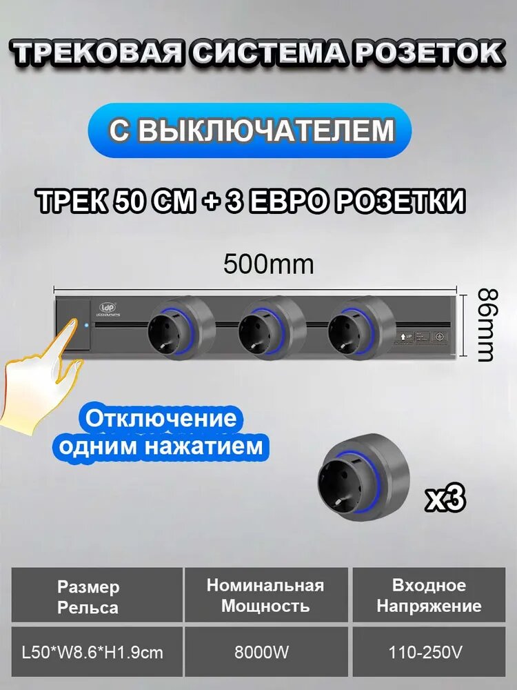 Накладная сменная трековая розетка с выключателем, трек 50 см + 3 евро розетки, серый