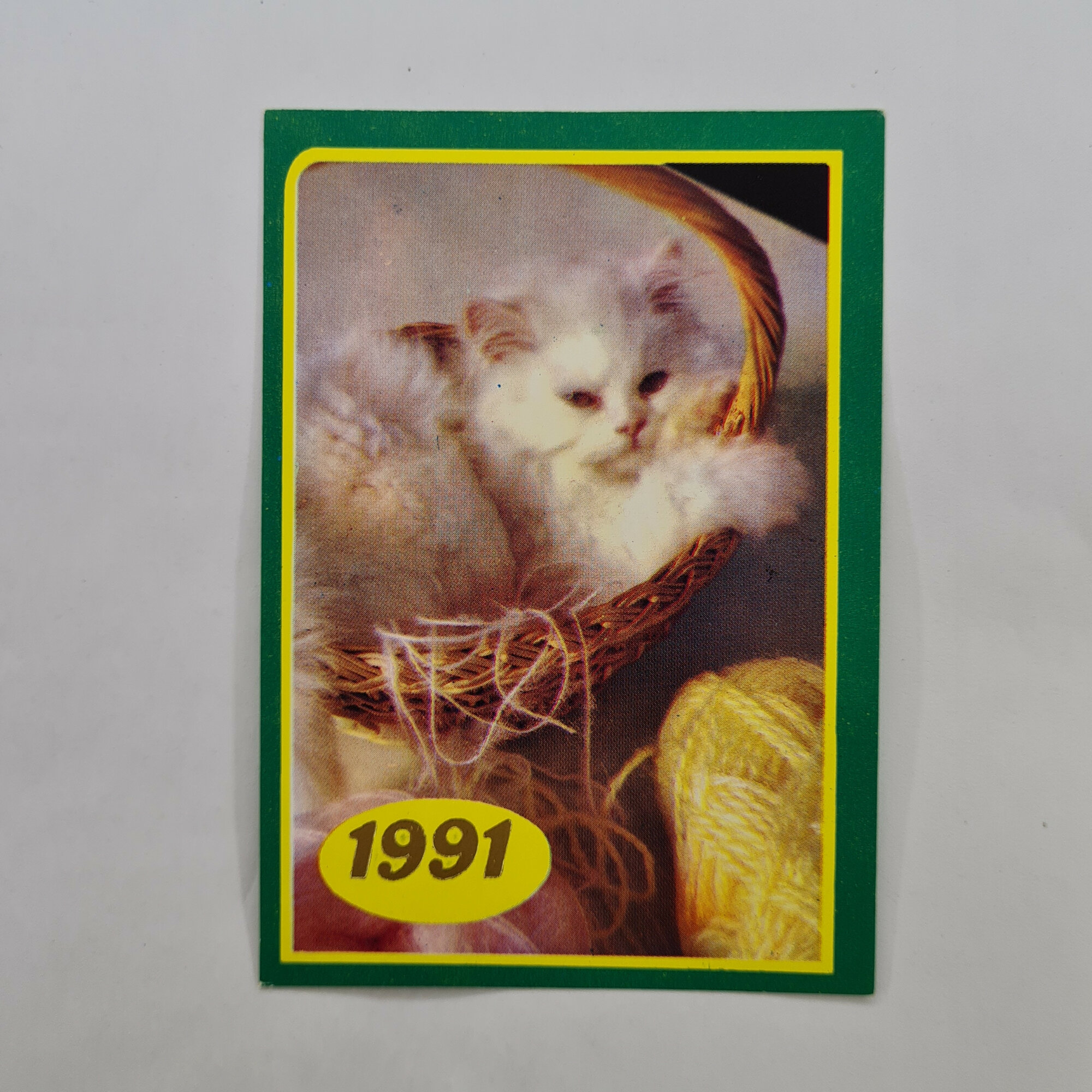 Карманный календарик 1991. Котенок в корзине, цветные клубки пряжи. Календарь винтажный