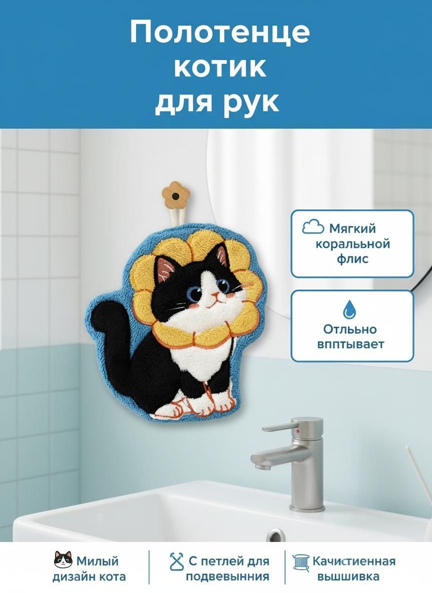 Милое полотенце для рук с котиком из коралл-флиса петелькой
