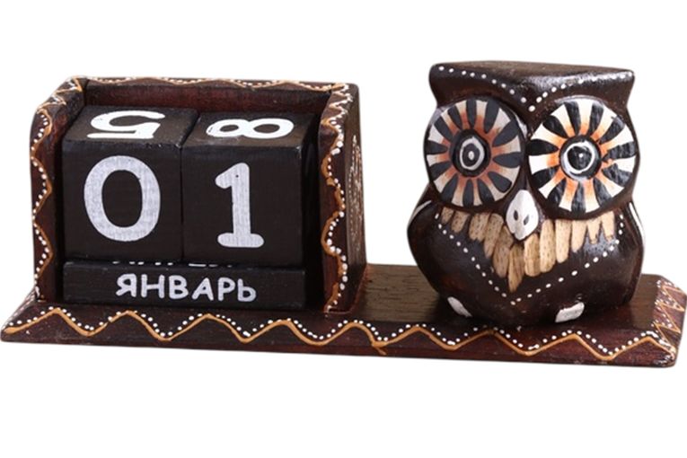 Вечный календарь настольный "Сова" с кубиками, деревянный сувенир для офиса и дома, календарь-кубики из дерева на стол, 22х7х11 см