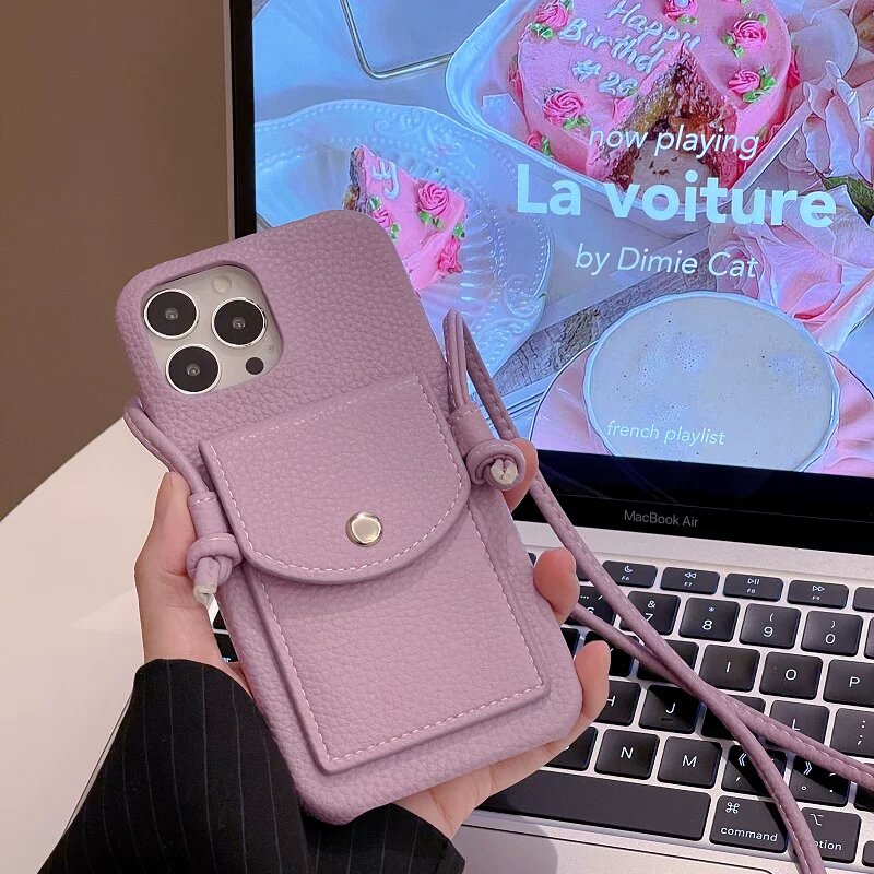 IPhone 16 Совместимый Кожаный Кроссбоди Кардхолдер с Ремнем, Текстура Ящерицы в Фиолетовом