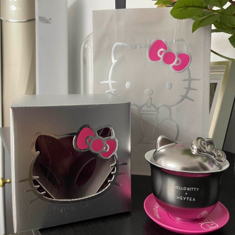 Коллекционная кружка Hello Kitty с крышкой и блюдцем, чёрно-розовая чашка для чая и кофе