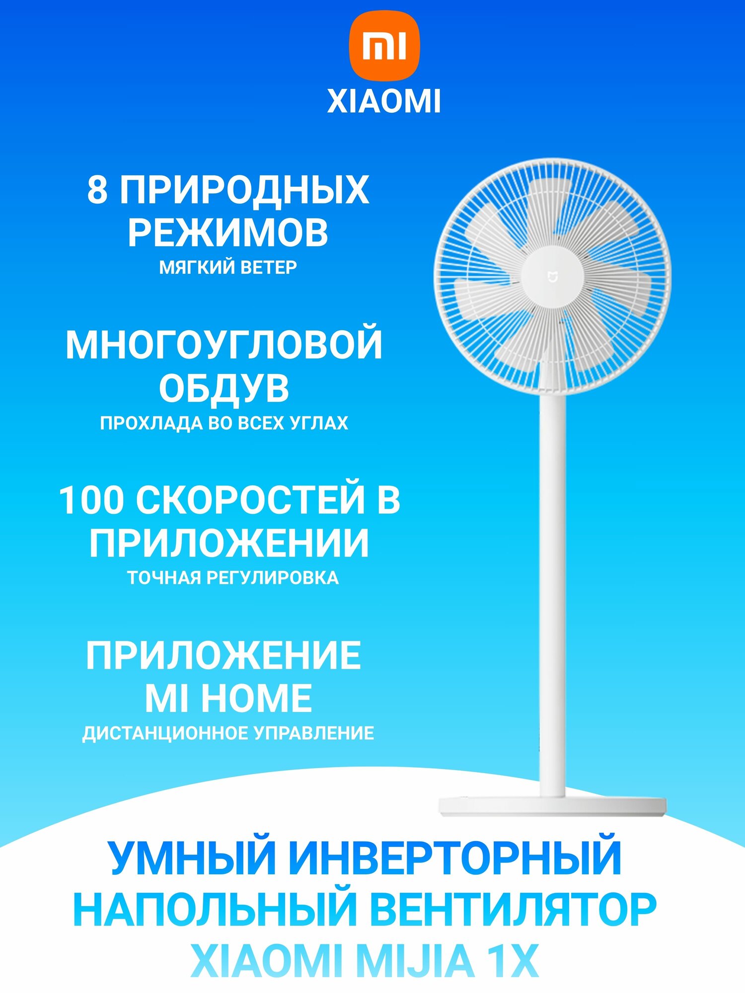 Умный напольный вентилятор MiJia 1X, инверторный, бесшумный, питание Type-C, управление через приложение и голосом