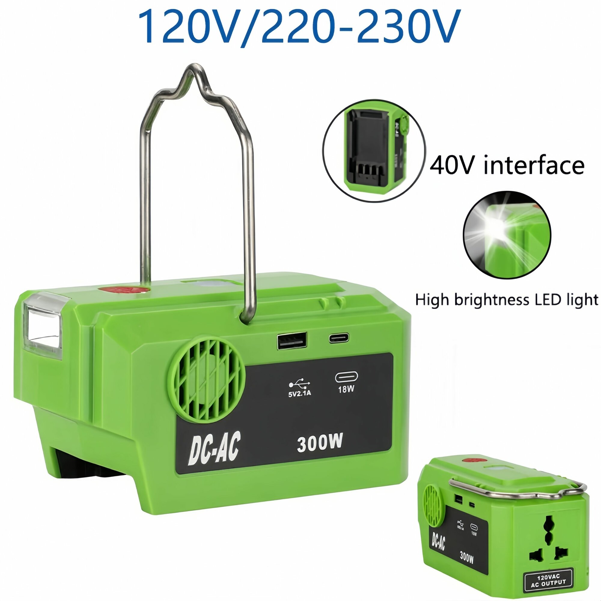 300W 120V Совместим с адаптером инвертора питания батареи GreenWorks GLB 40V со светодиодной лампой USB Type - C