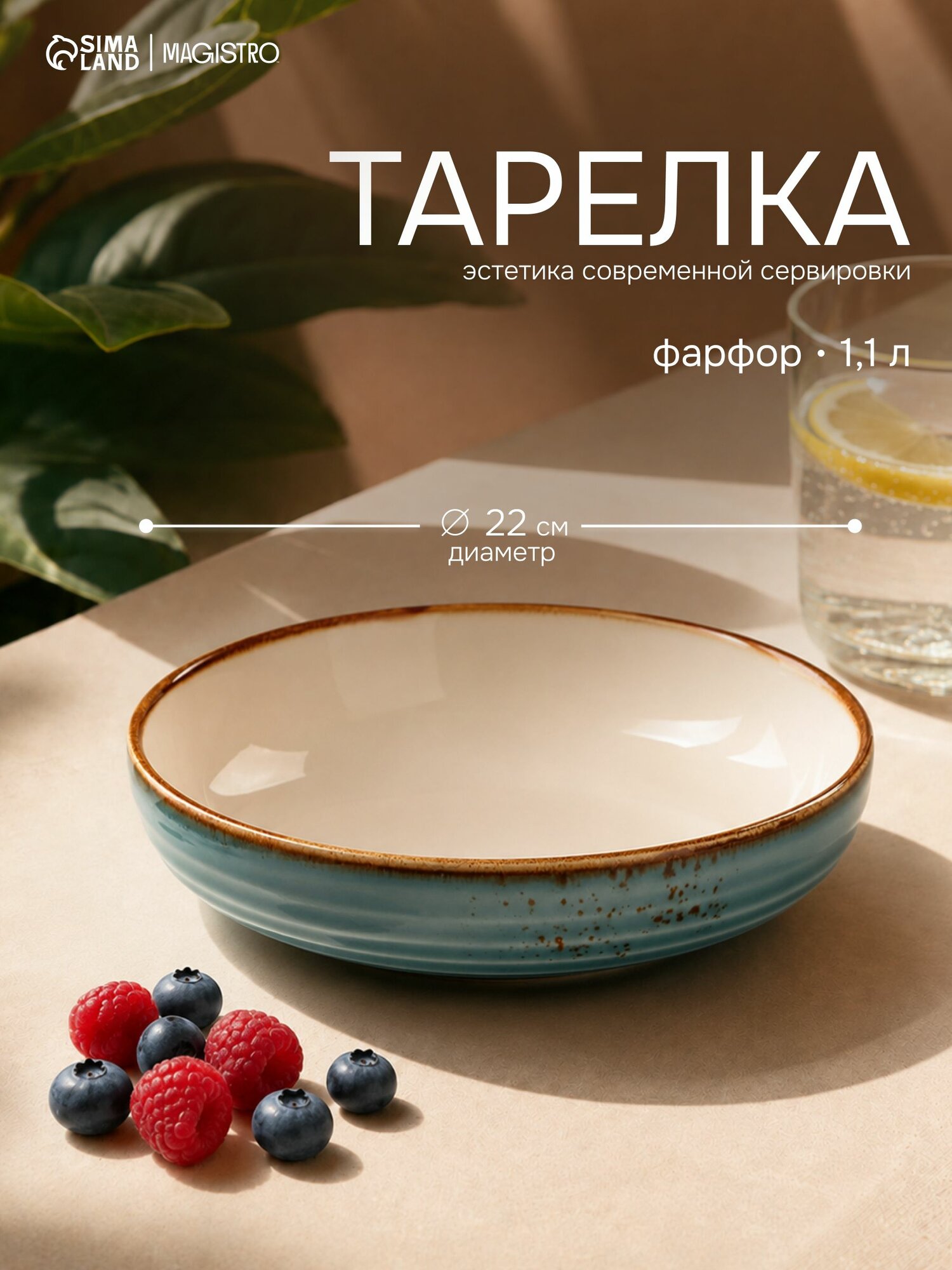 Тарелка глубокая, обеденная, объем 1,1 л, Magistro "Церера", фарфоровая, с высоким бортом, диаметр 22 см, голубая