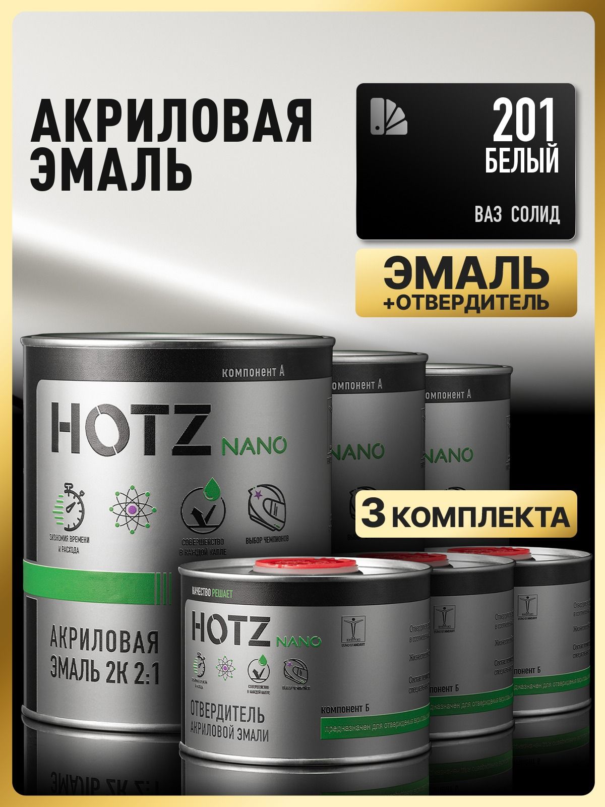 Акриловая краска автомобильная, Белый 201 , 3 Комплекта 2К 4:1 (эмаль: 1000 мл + отвердитель: 500 мл), HOTZ