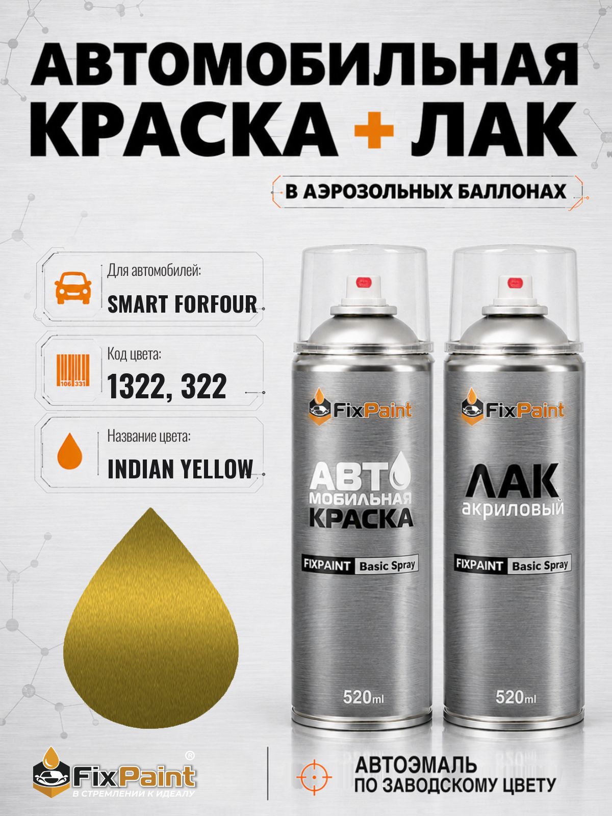 Краска и лак для SMART FORFOUR, код 1322, 322, INDIAN YELLOW, автомобильная эмаль базовая и акриловый глянцевый лак FixPaint в аэрозольных баллонах 520 мл