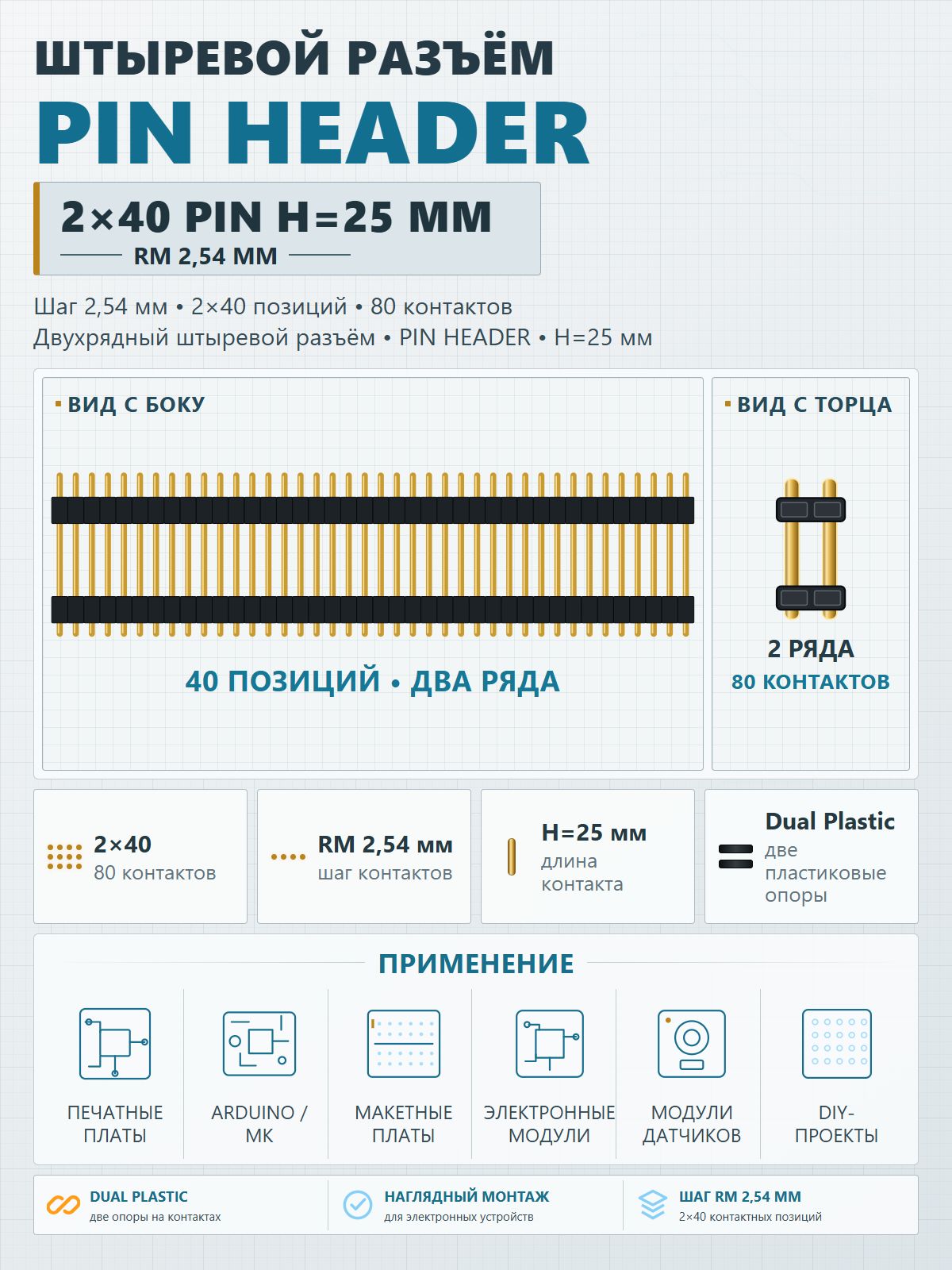Штыревой разъем PIN HEADER 2x40 контактов, шаг 2.54 мм, высота 25 мм, двойной ряд
