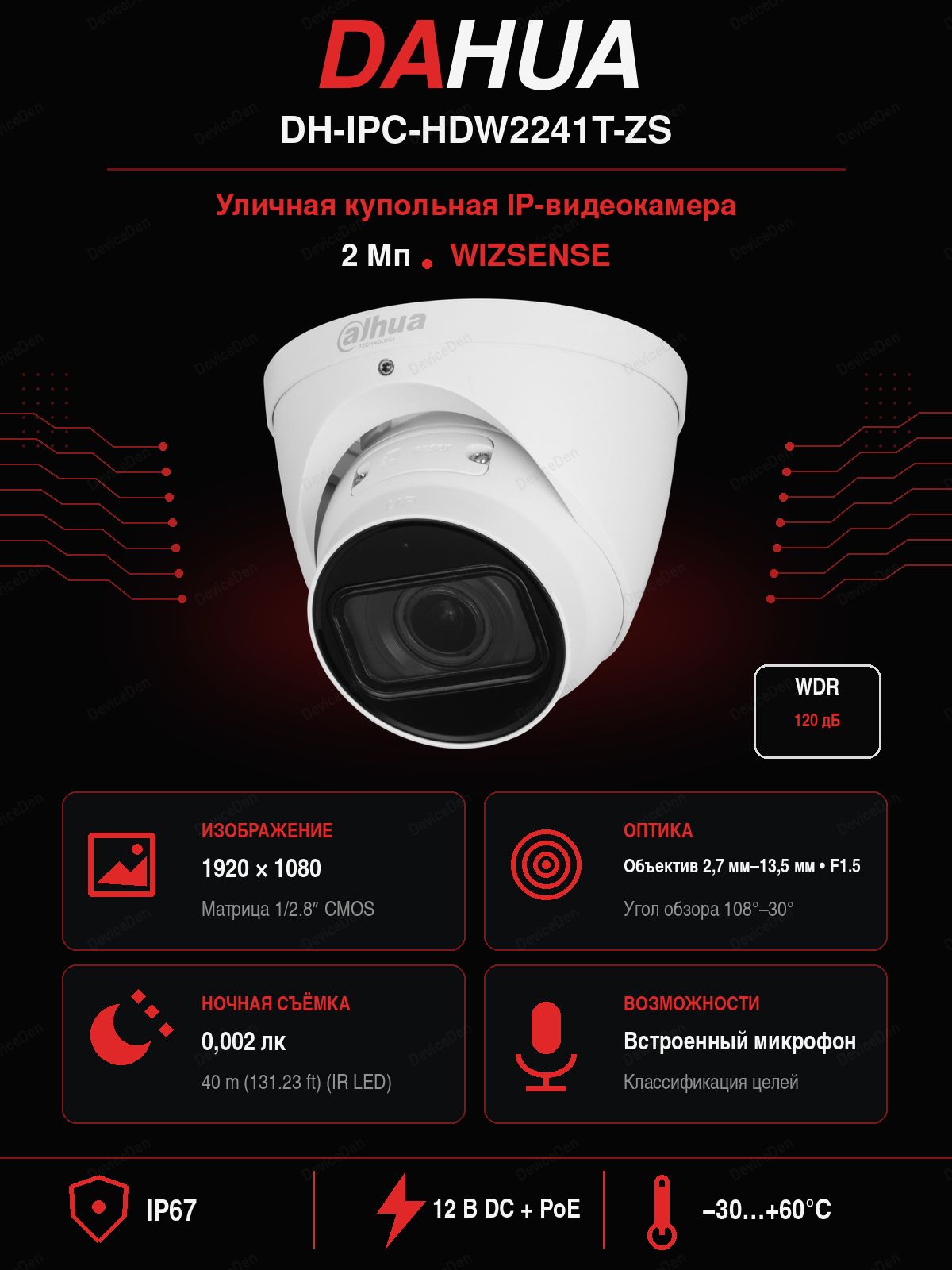 Dahua DH-IPC-HDW2241T-ZS - 2 Мп уличная купольная IP-камера, объектив 2,7-13,5 мм, ИК-подсветка до 40 м, встроенный микрофон, PoE