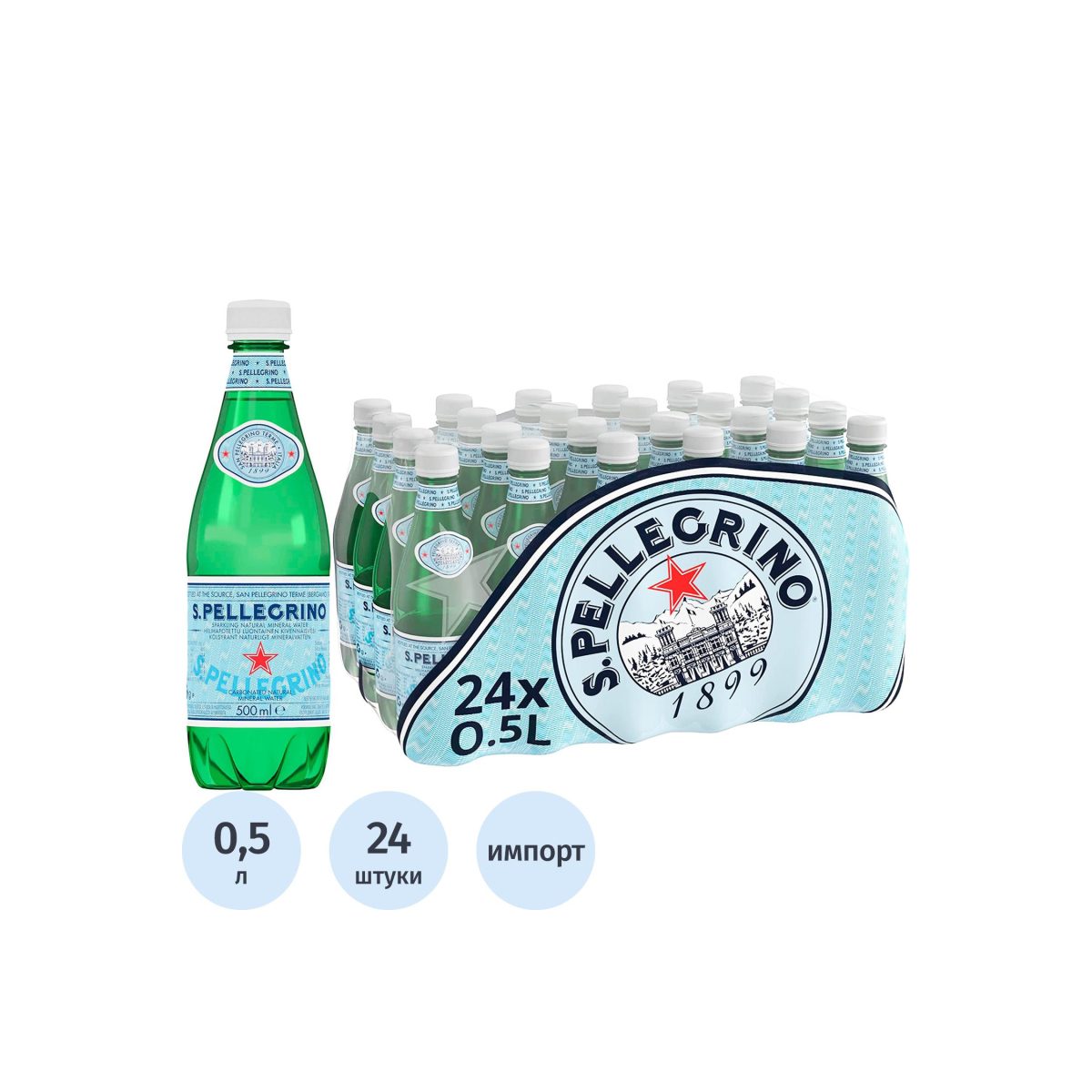 Вода минеральная San Pellegrino питьевая газированная ПЭТ 0,5л (2015662), 24шт.