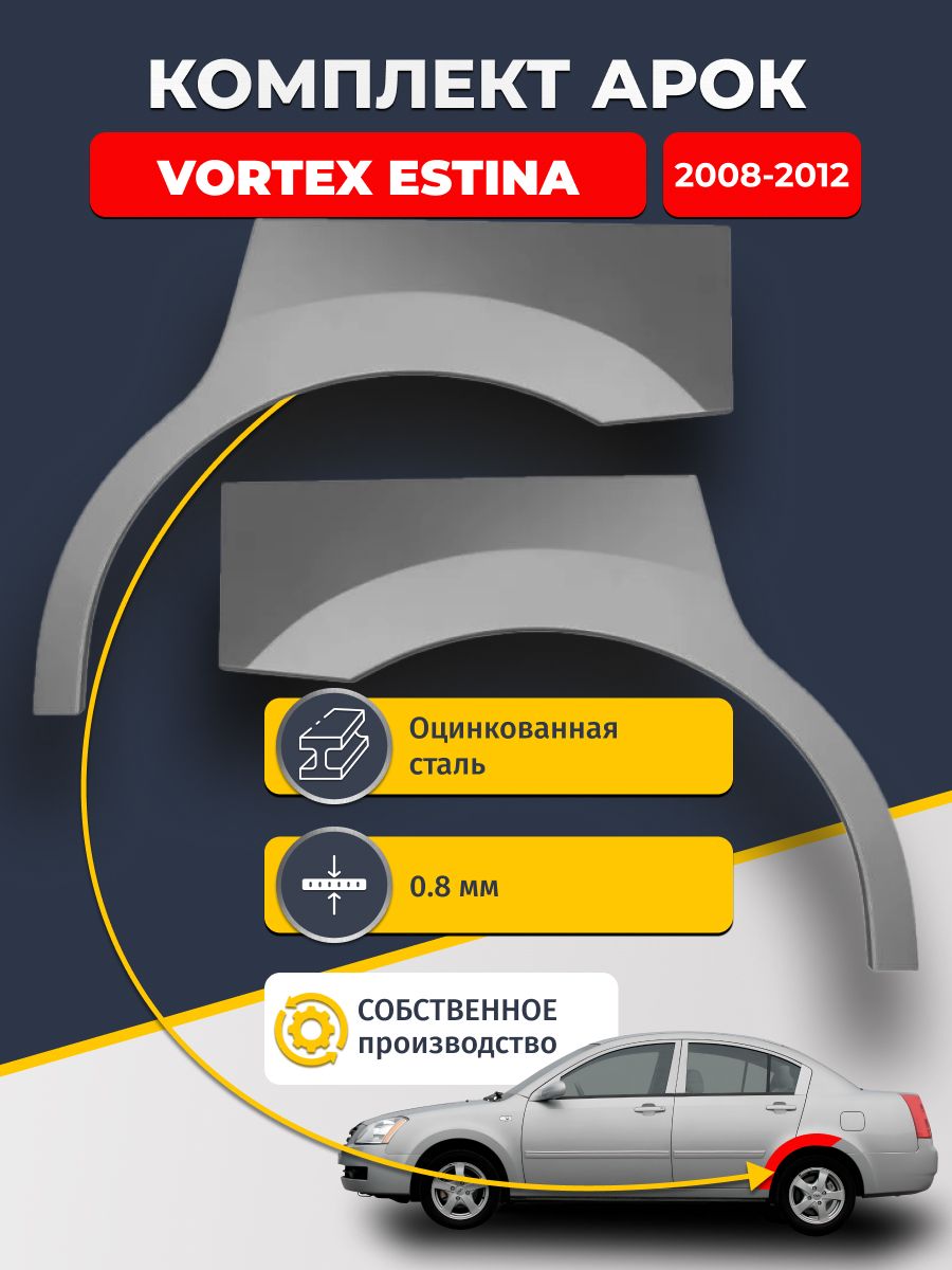 Комплект задних ремонтных арок для автомобиля (2 шт.), Vortex Estina 2008-2012 Седан (Вортекс Эстина). Оцинкованная сталь 0,8 мм.