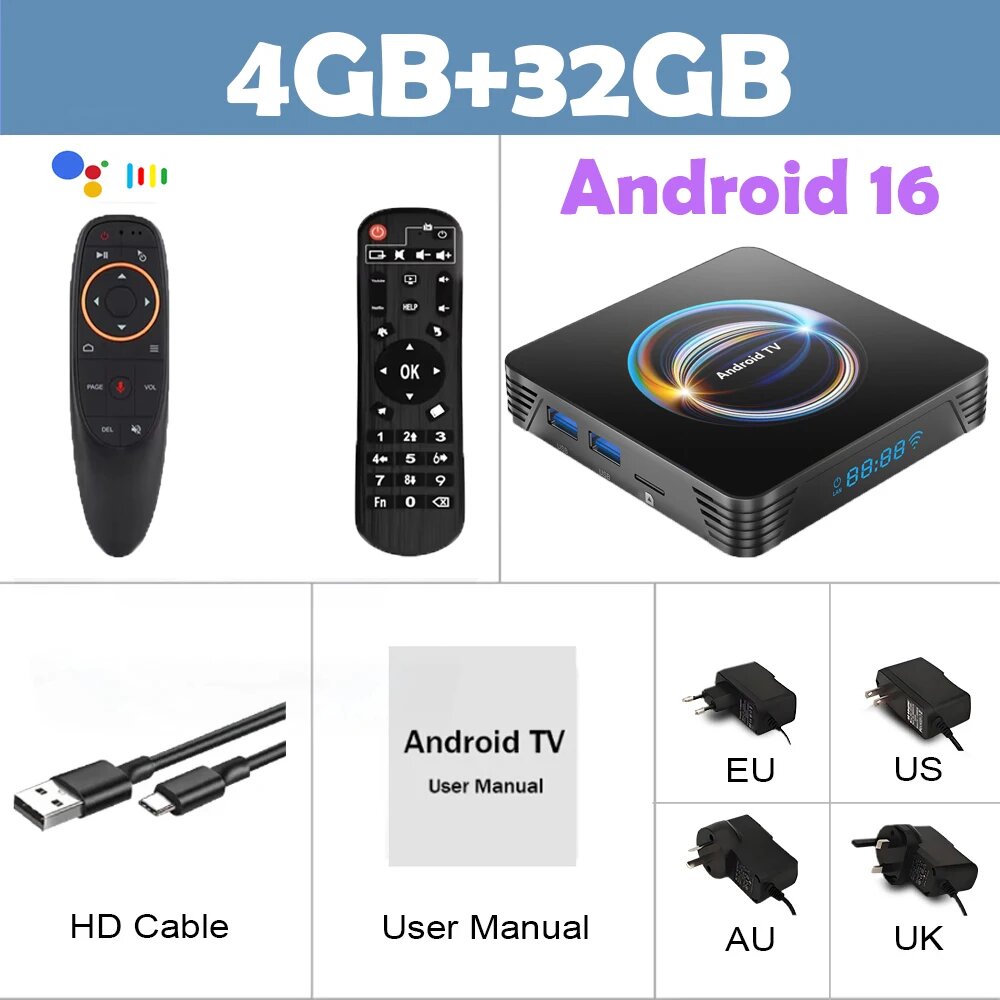 Android 16 TV Box 4ГБ+32ГБ, UK Plug, Voice Remote