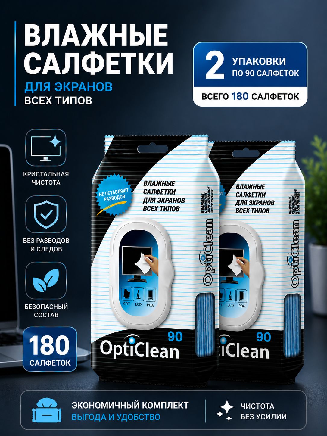 Салфетки для монитора OptiClean 180 шт, 2 уп. по 90 шт, 15*20 см, спиртовые салфетки для техники