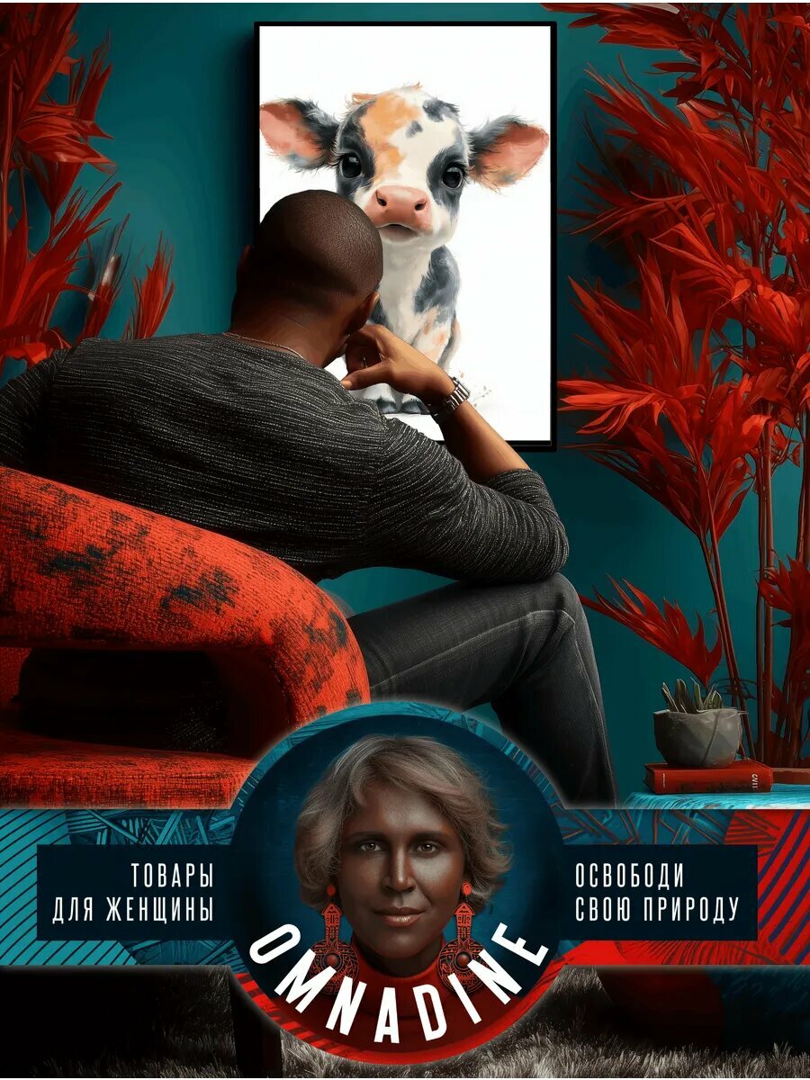 Милый рыжий теленок постер черно-белый дизайн интерьер