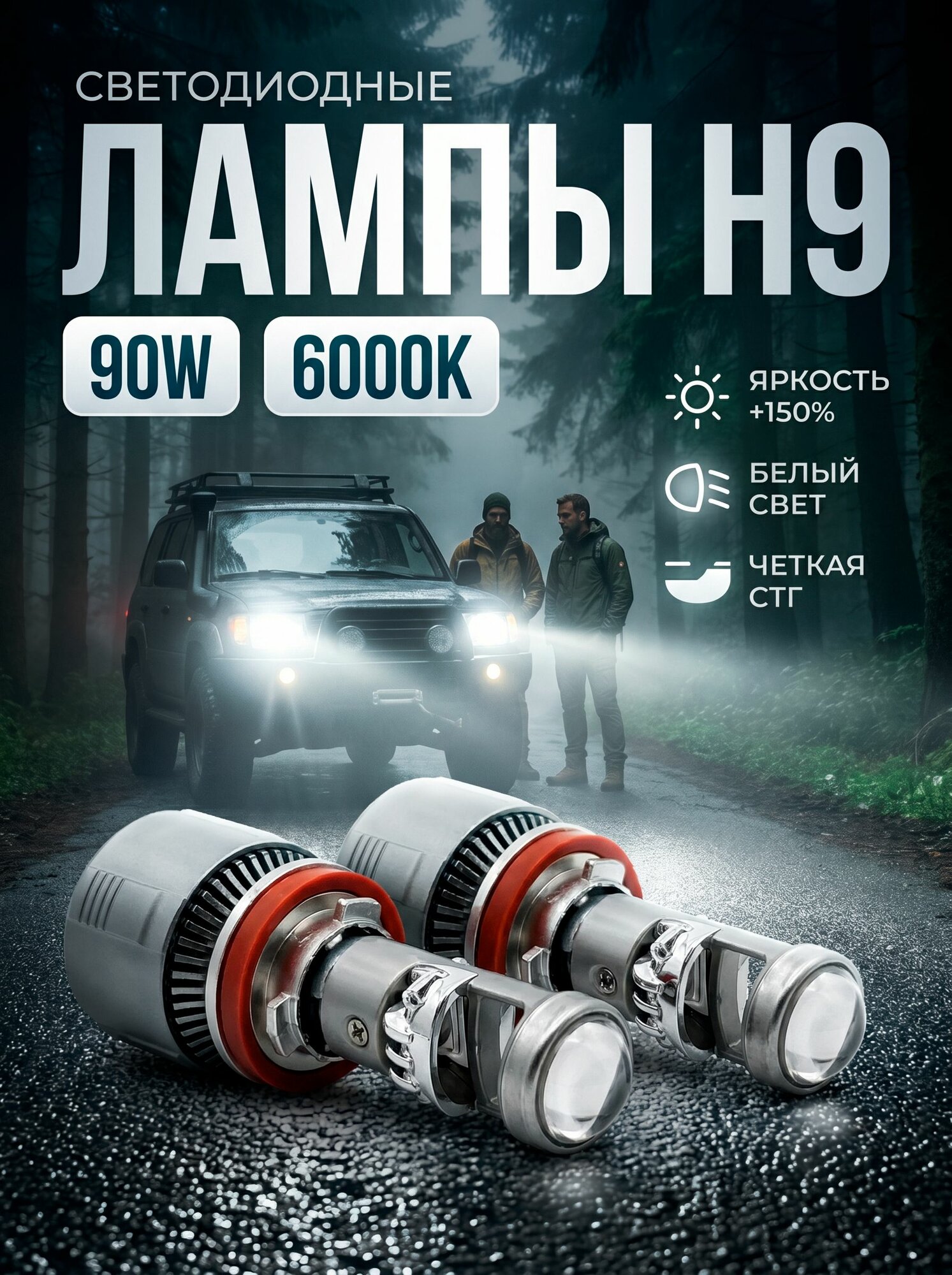 LED Лампы в дальний Н9 c линзой для Nissan Teana J32 2008-2013 / Лампы в дальний свет H9 на Ниссан Теана j32