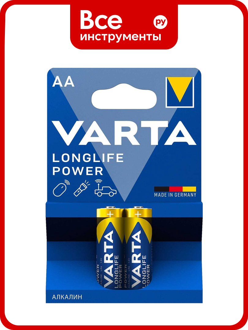Батарейка Varta LONGLIFE POWER (HIGH ENERGY) LR6 AA BL2 Alkaline 1.5V (4906) 04906121412 щелочная пальчиковая AA ячейка