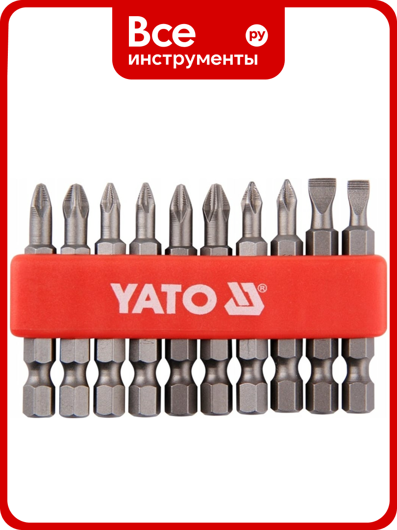 Набор бит YATO крестовых 10шт. длинных YT-0483 36140483 092 1, из сплава CrV, односторонний, с хвостовиком типа