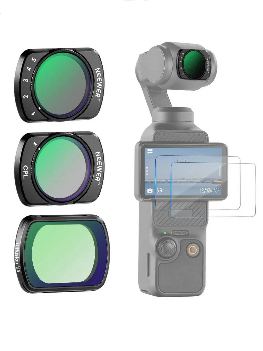Комплект фильтров Neewer FL-89 (CPL+ND2-32 +Diffusion 1/4), для DJI OSMO Pocket 3 / 4, магнитный