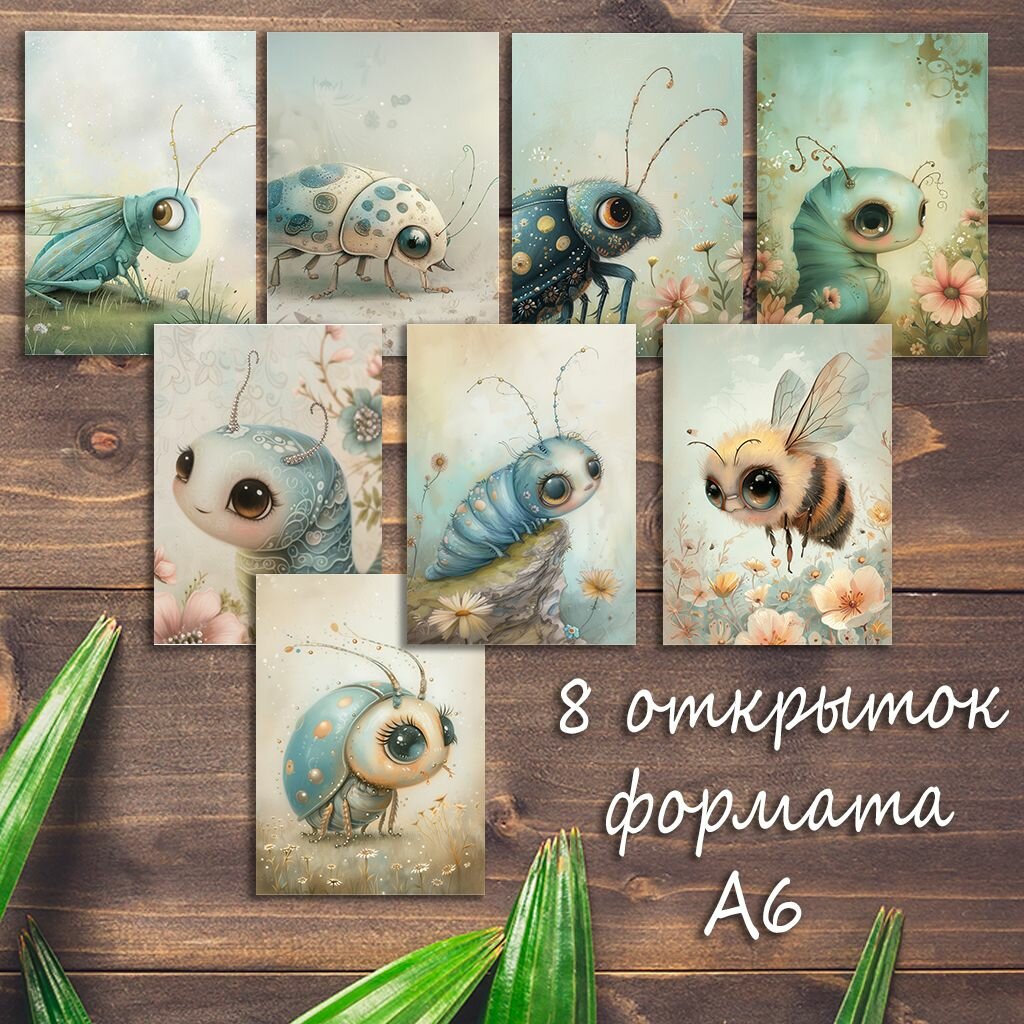 Большой набор открыток Милые насекомые, 8 штук