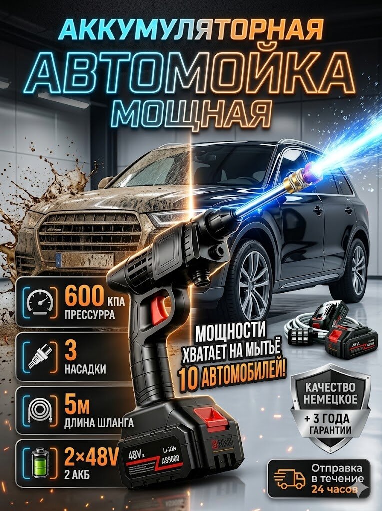 Мойка высокого давления аккумуляторная для автомобиля, Автомойка, в кейсе 2 аккумулятора, 3 насадки