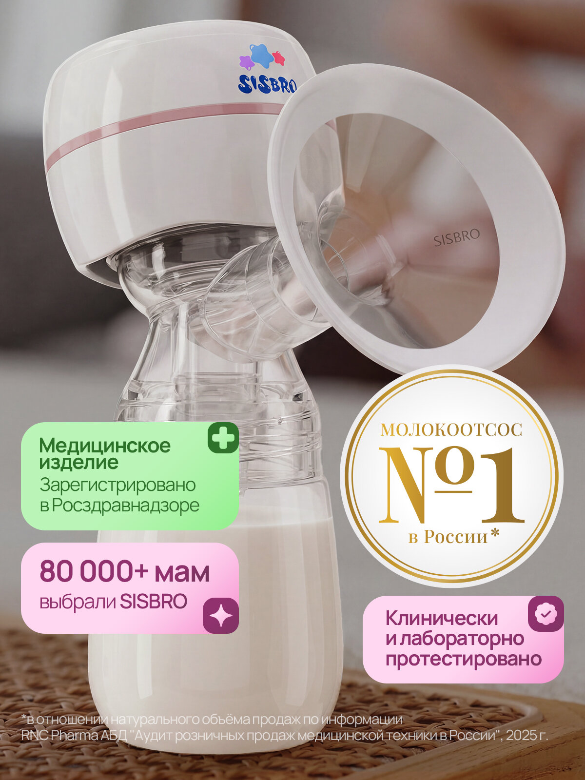 Молокоотсос электрический Sisbro, белый, 3 режима, USB-зарядка