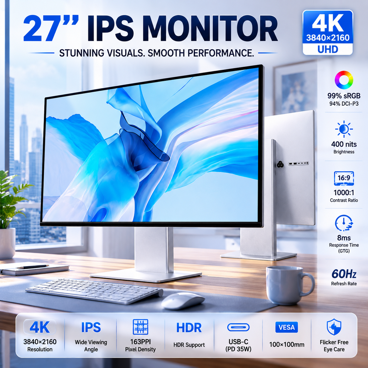 Монитор 27", IPS, 4K, 99%, DCI-P, HDR, E-Mode, защита глаз, крепление VESA