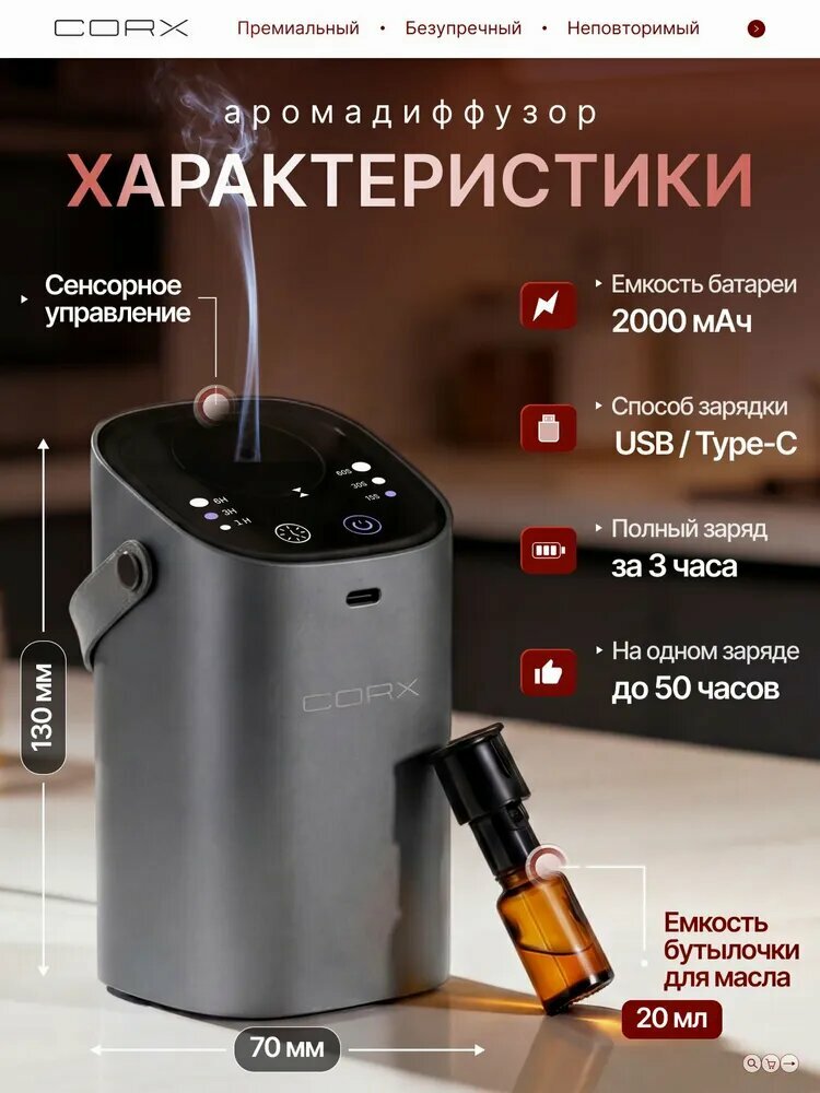 Аромадиффузор "G-Tech", сенсорный, 2 режима, 15 мл, зарядка через USB Type-C