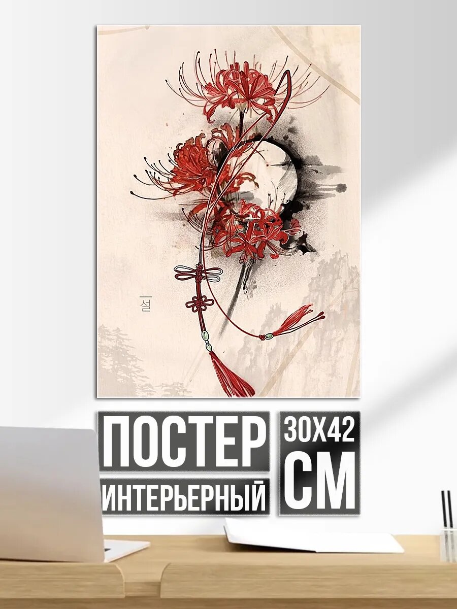 Плакат постер Красные цветы пауки