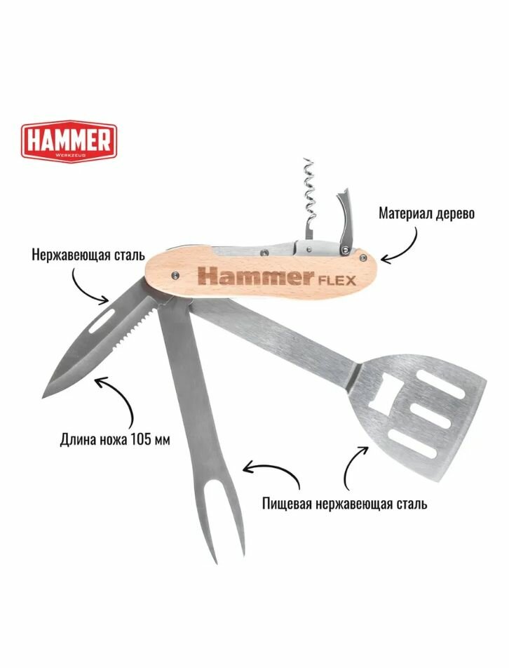 Мультитул для гриля HAMMER Flex нержавеющая сталь, разборный, 5 приборов 530195