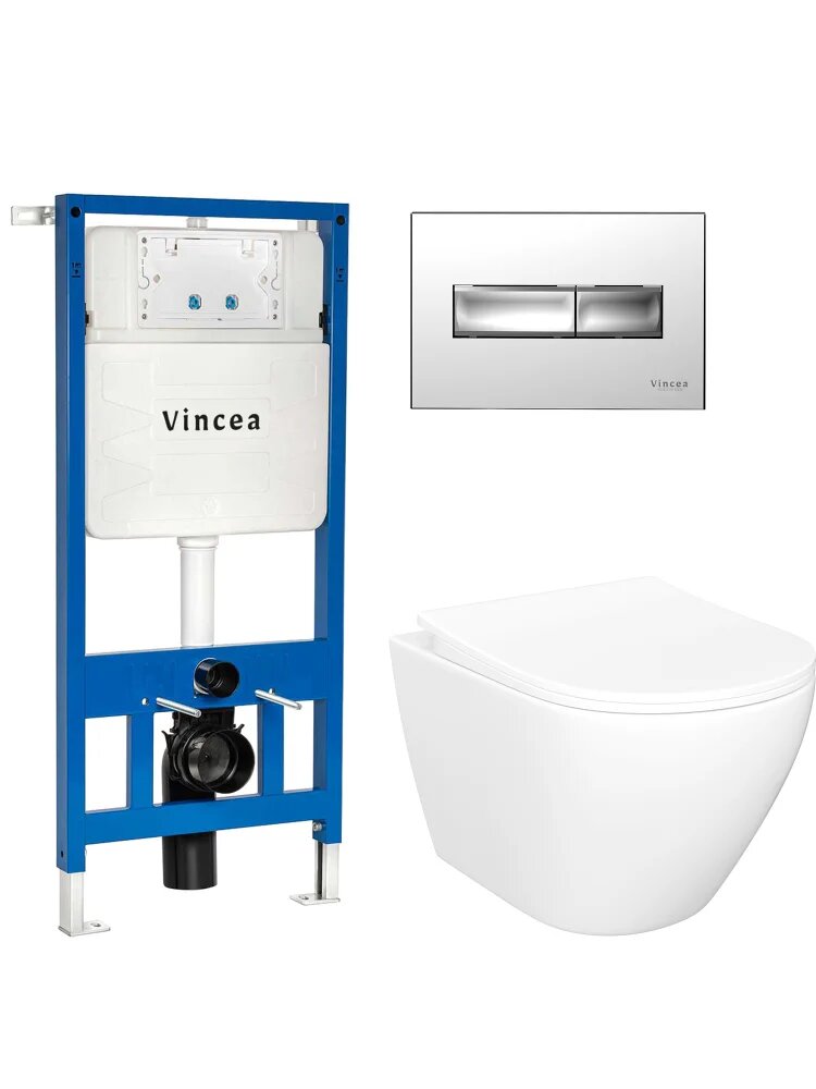 Комплект 4 в 1: Инсталляция Vincea VIS-601 / Унитаз подвесной STWORKI Кронборг S28401WH безободковый, с микролифтом / Кнопка VFP-732CH, хром, Комплект креплений
