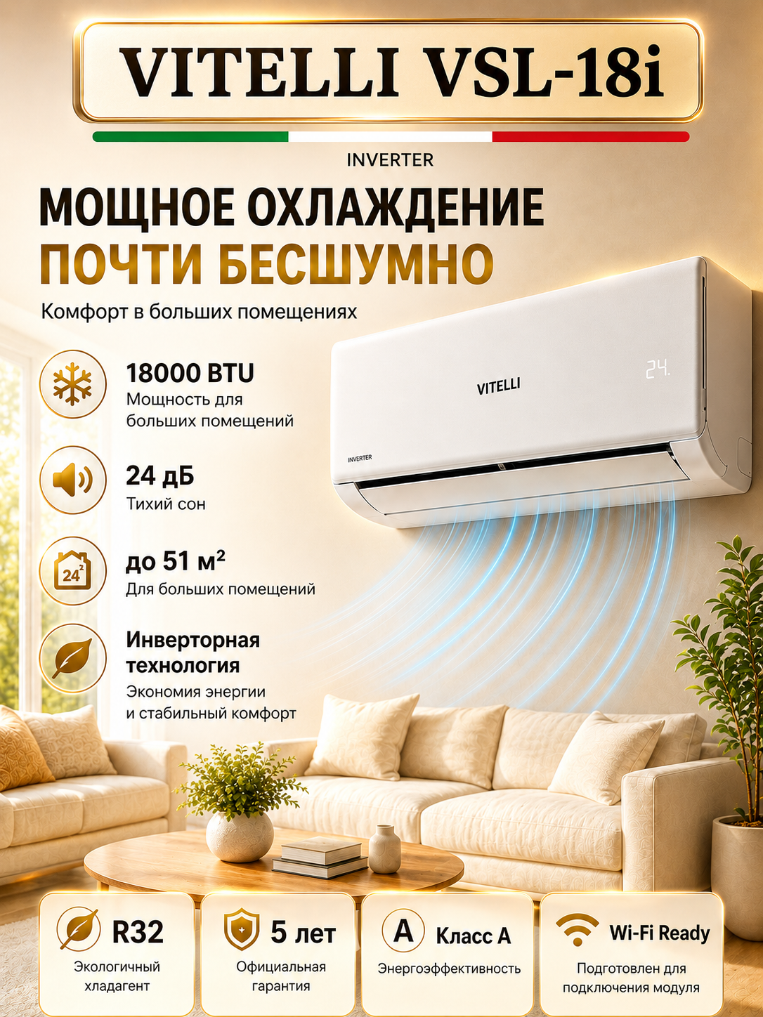 Сплит-система VITELLI VSL-24I, мощность 24000 BTU, Wi-Fi (опция), А++ класс, инверторный кондиционер на 75 м², белый