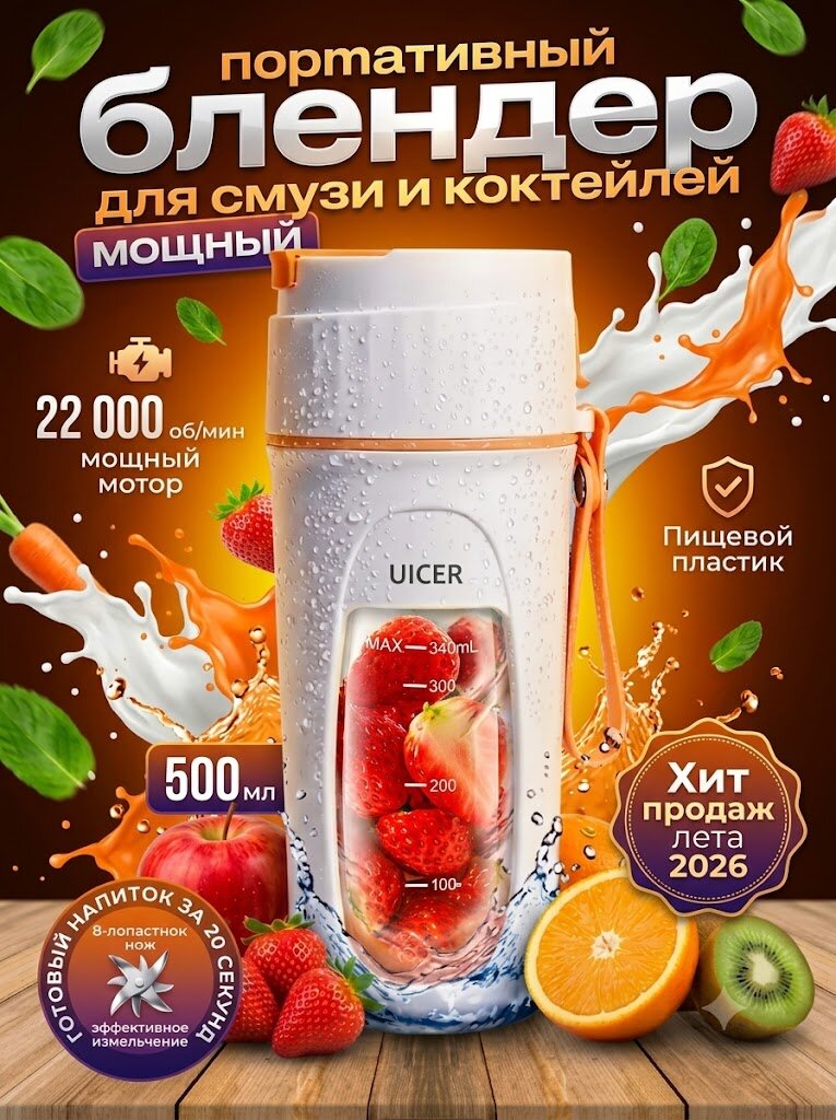 Портативный блендер беспроводной для смузи и коктейлей, 3 скорости с дисплеем, белый