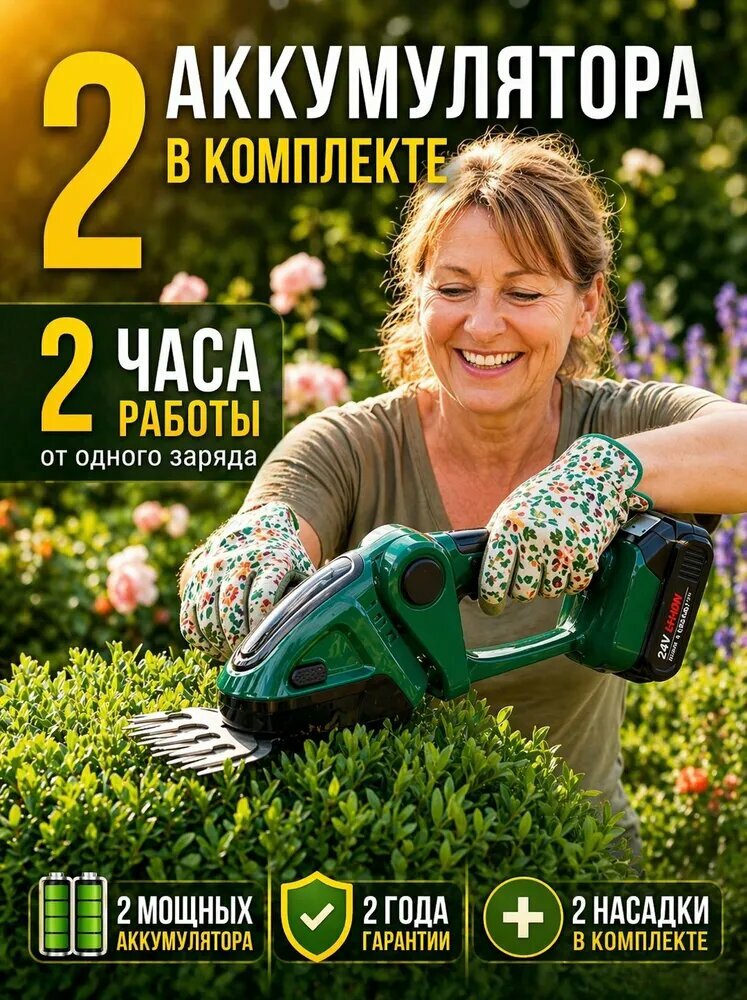 Кусторез аккумуляторный садовый мощный с 2 аккумуляторами