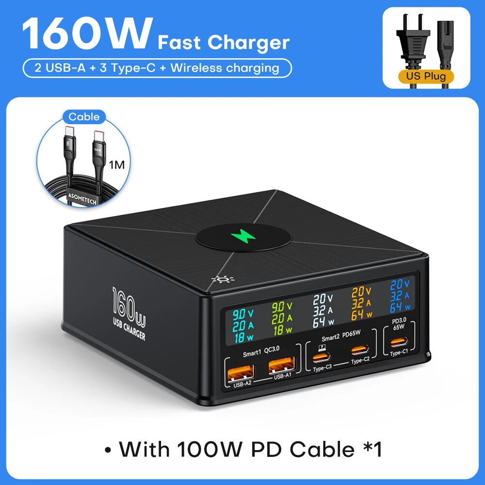 Беспроводное Зарядное Устройство GaN USB Type C Мощностью 160 Вт, Станция Быстрой US Plug With Cable