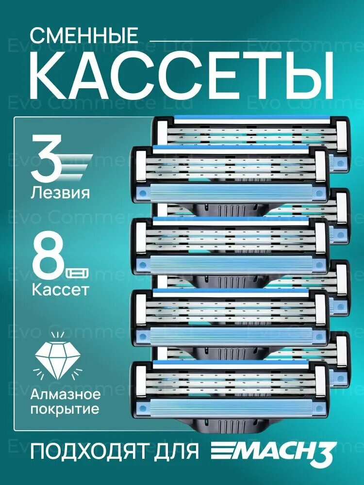 Лезвия Кассеты для бритья мужские 8 штук / Сменные кассеты мужские для бритья с 3 лезвиями