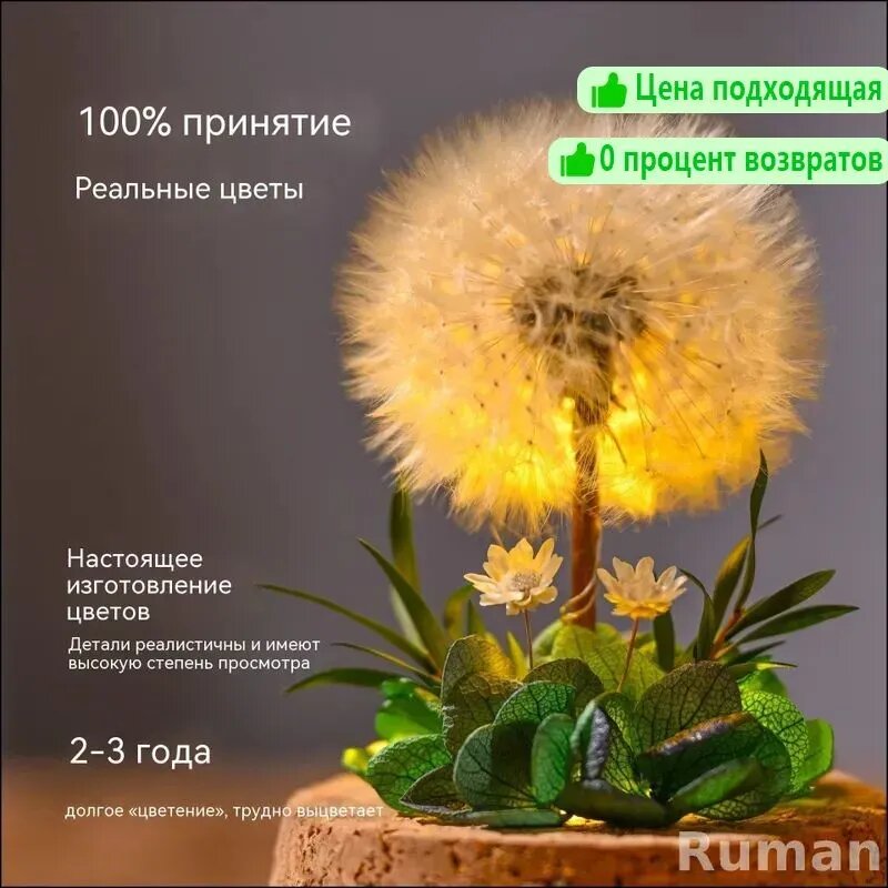 Ночник под стеклом с одуванчиком, 18 см, теплый свет, для уюта